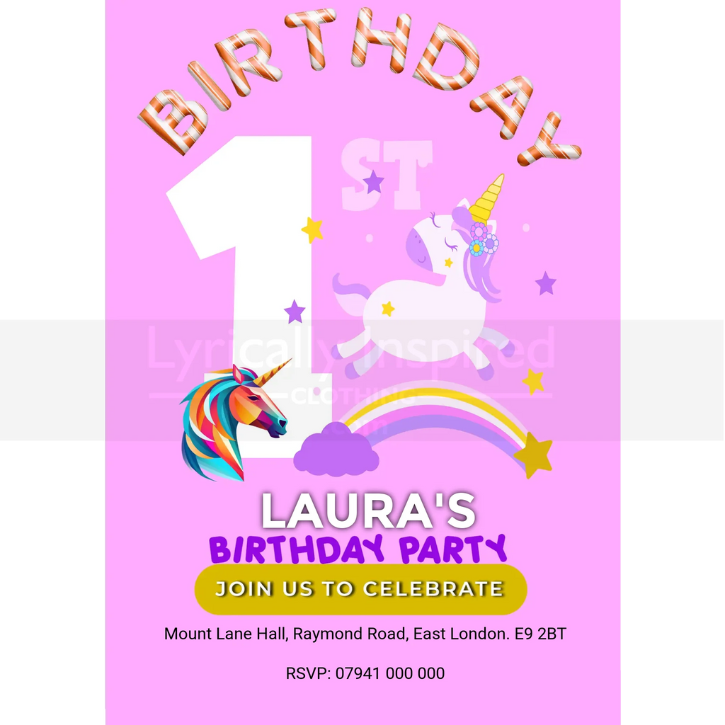 Unicorn Themed Downloadable 1st Birthday Invitation, Digital Download ...